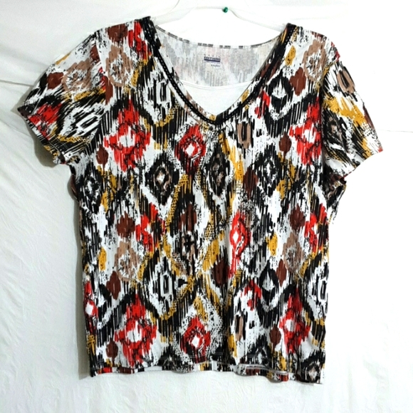 Basic Editions | Tops | Basic Editions Multi Color Black White Yellow Short Sleeve Shirt | Poshmark